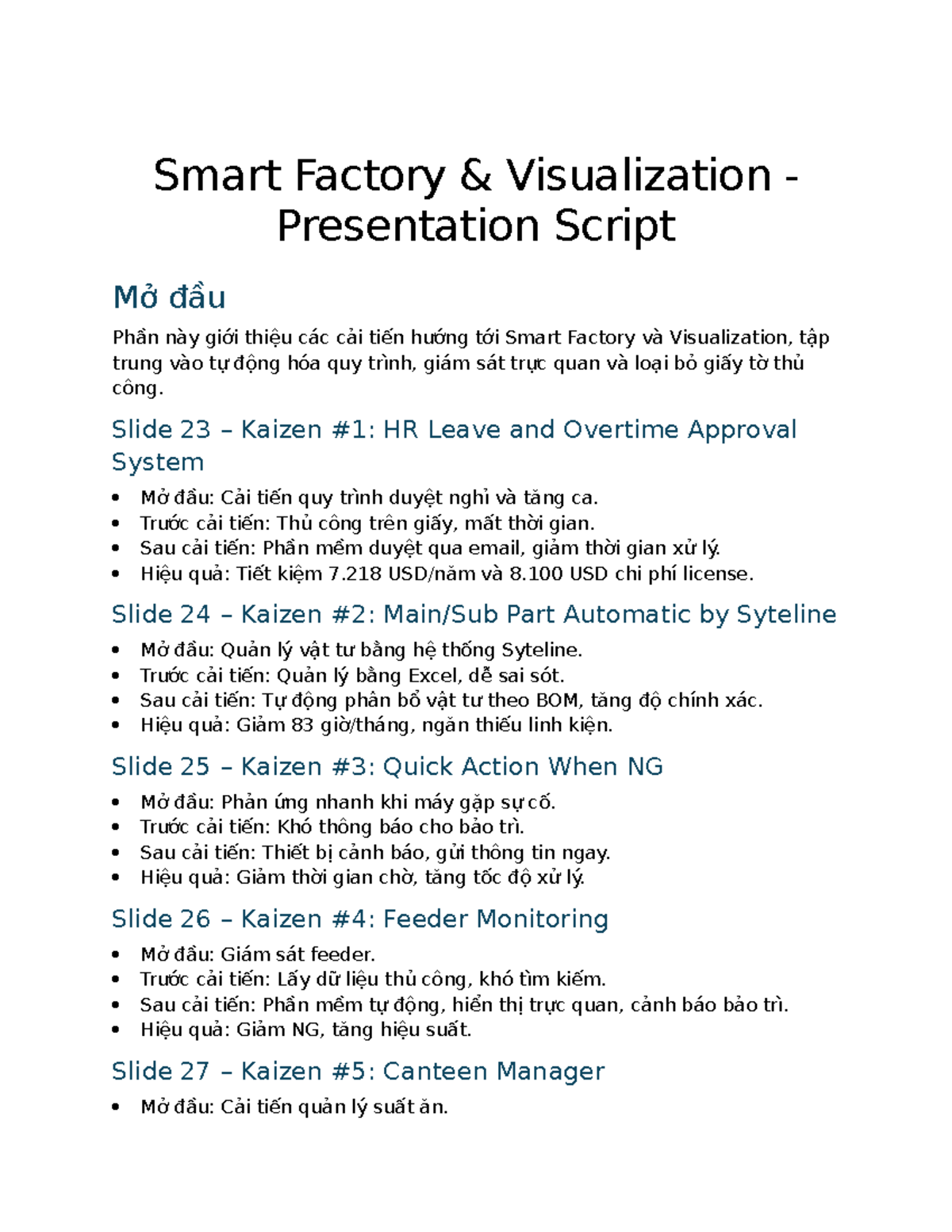 Smart Factory Visualization Presentation Script: Kaizen Improvements ...