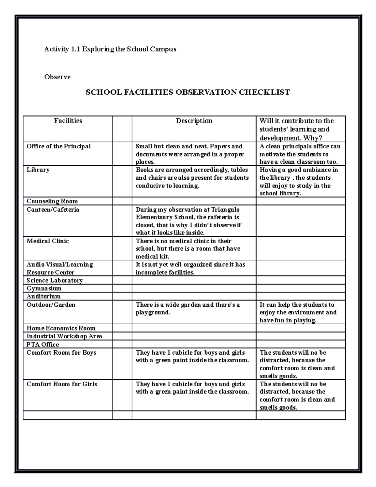 Field Study 1: Educational Facilities Observation Report - Studocu