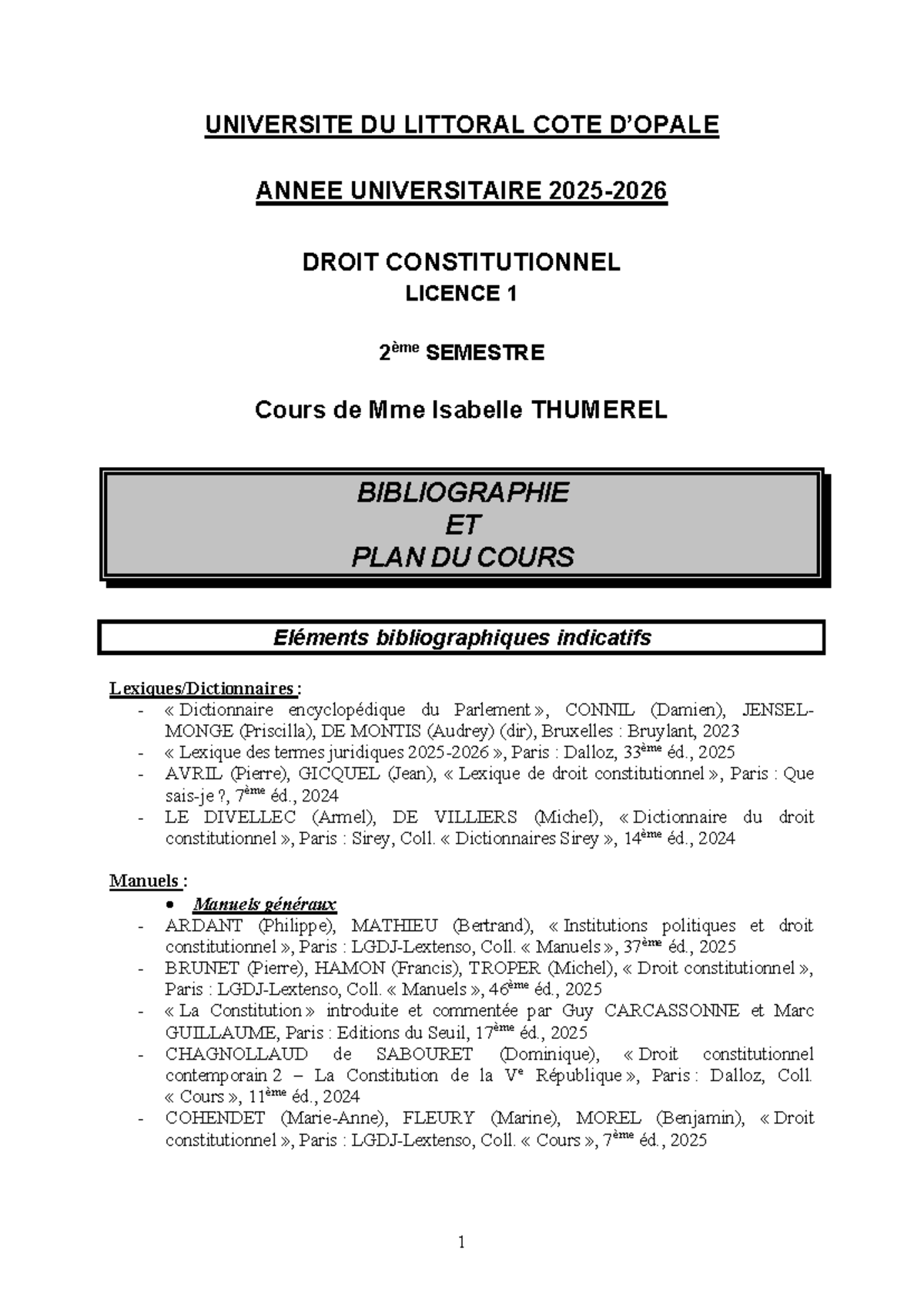 Plan de Cours de Droit Constitutionnel L1 - 2ème Semestre 2025-2026 - Studocu