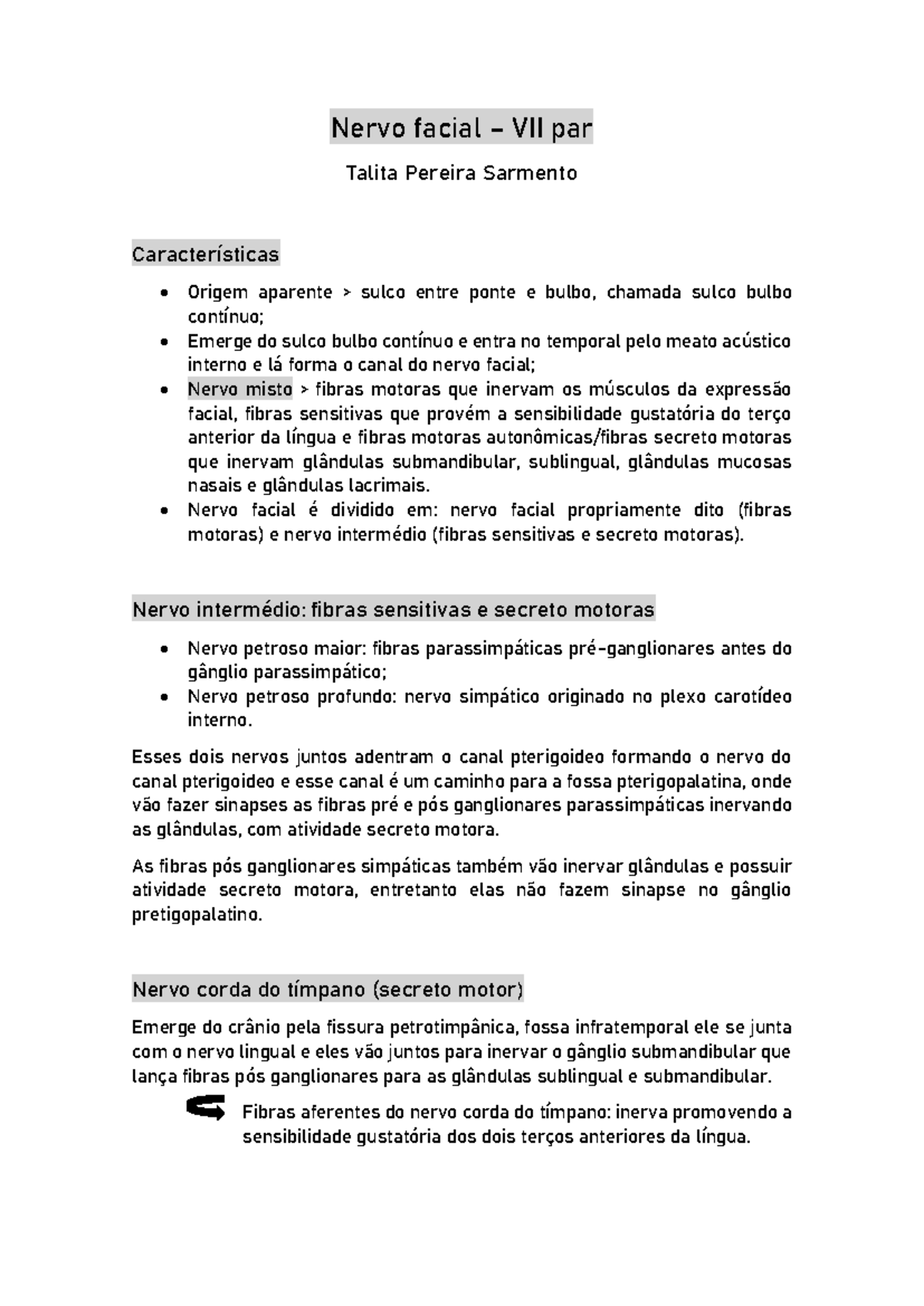 Estudo sobre o Nervo Facial - VII Par: Estruturas e Funções - Studocu