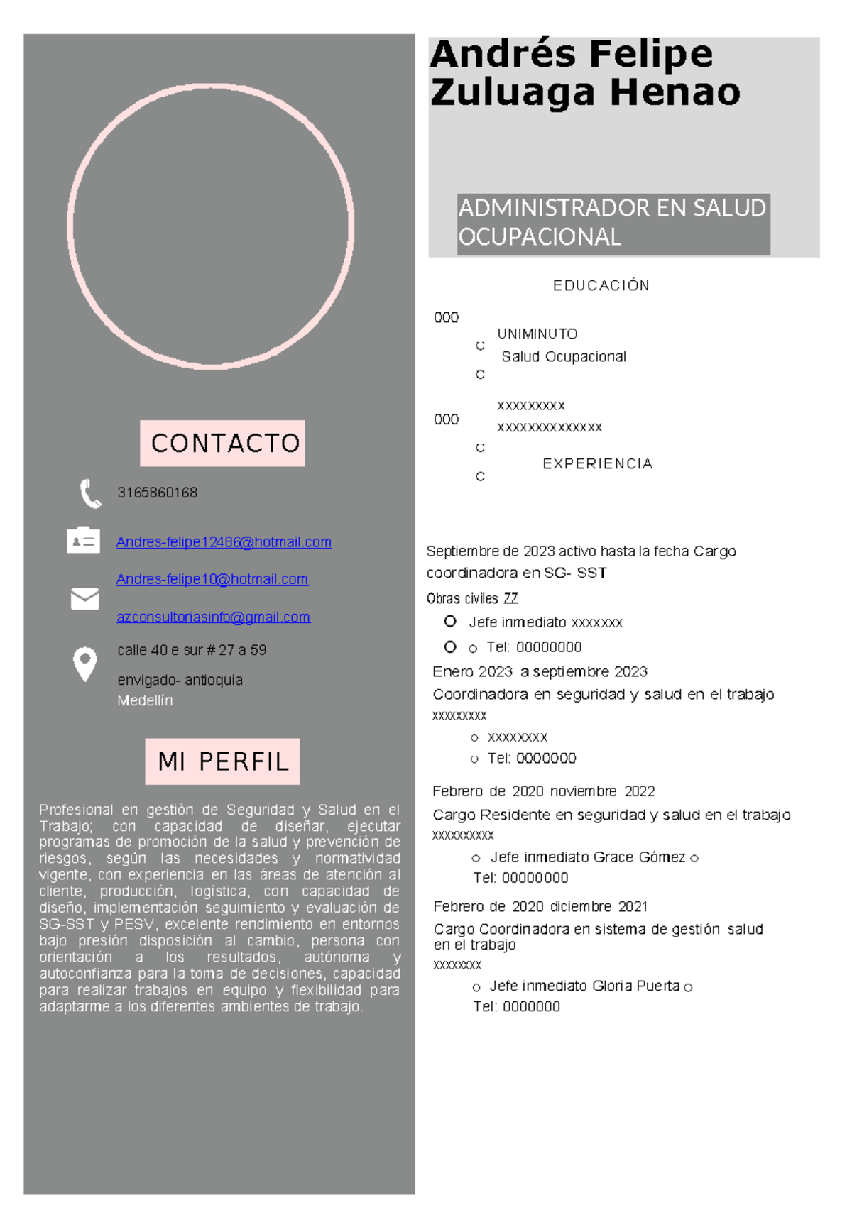CV Andrés Felipe Zuluaga Henao - Administrador en Salud Ocupacional ...