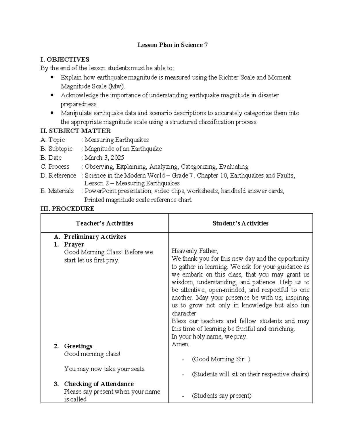 Science 7 Lesson Plan: Understanding Earthquake Magnitude Measurement ...