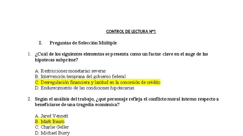 CONTROL DE LECTURA I: Preguntas de Selección Múltiple y Verdadero/Falso ...