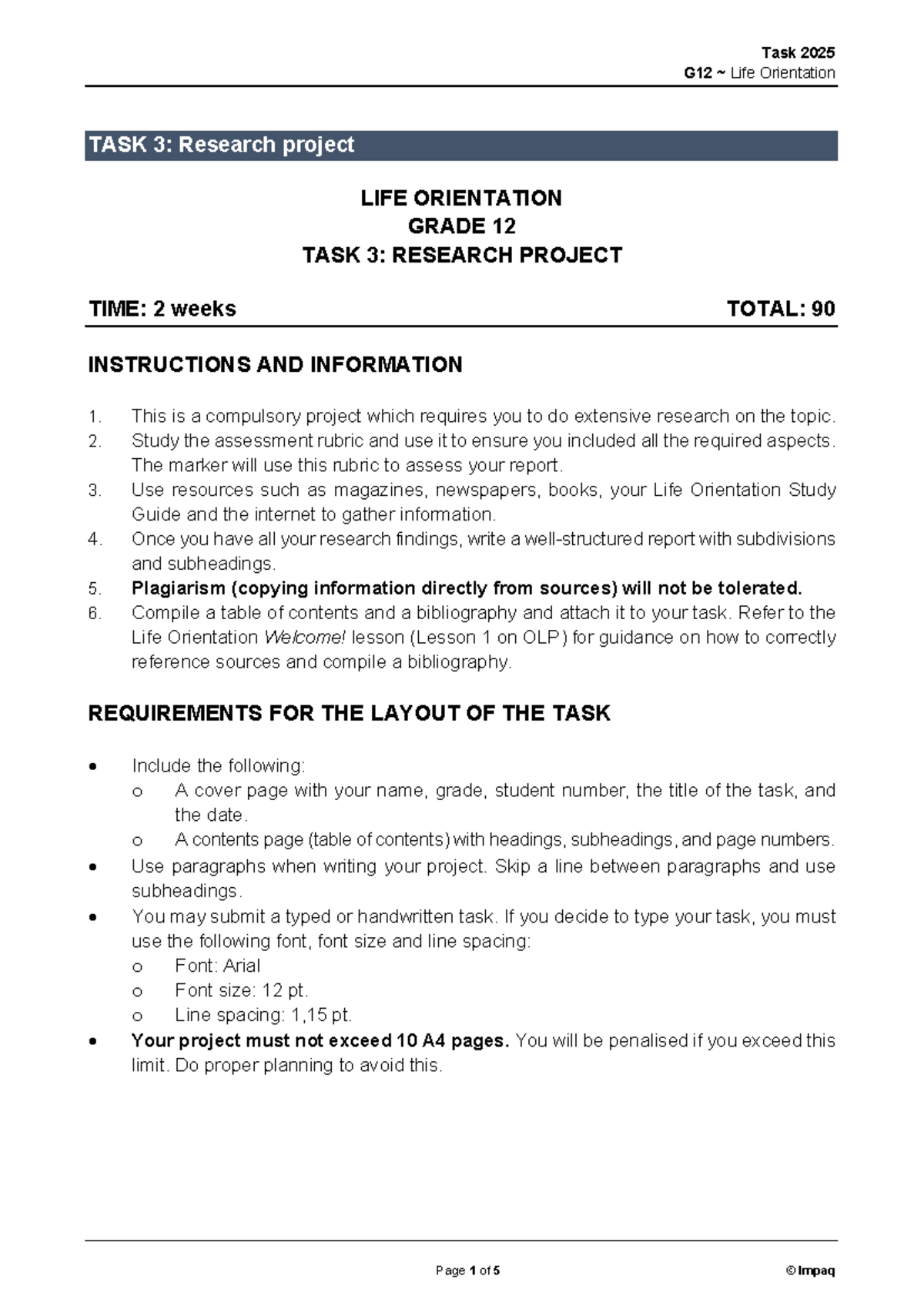 G12 Life Orientation Task 3: Research Project on Physical Activity ...