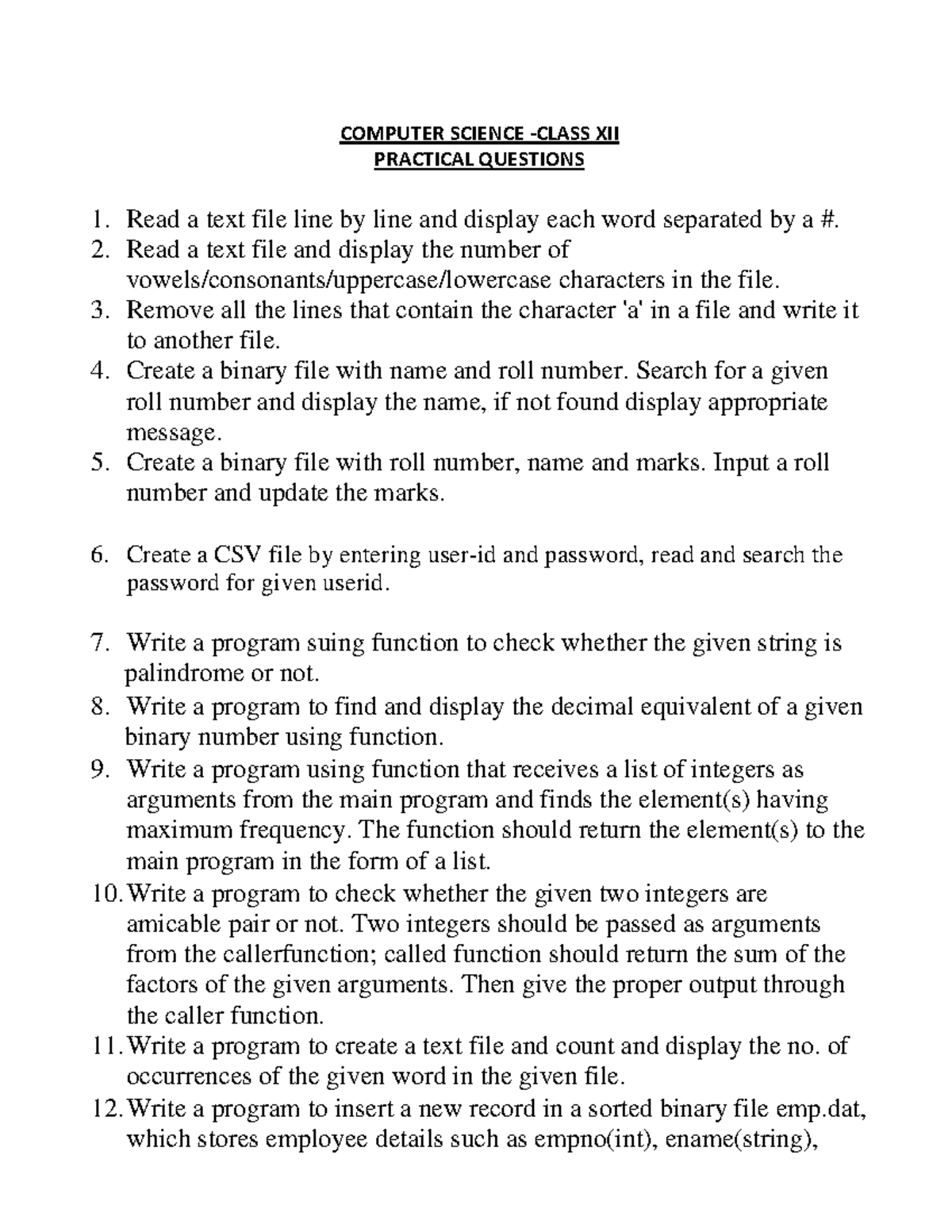COMPUTER SCIENCE XII PRACTICAL QUESTIONS AND SOLUTIONS - Studocu