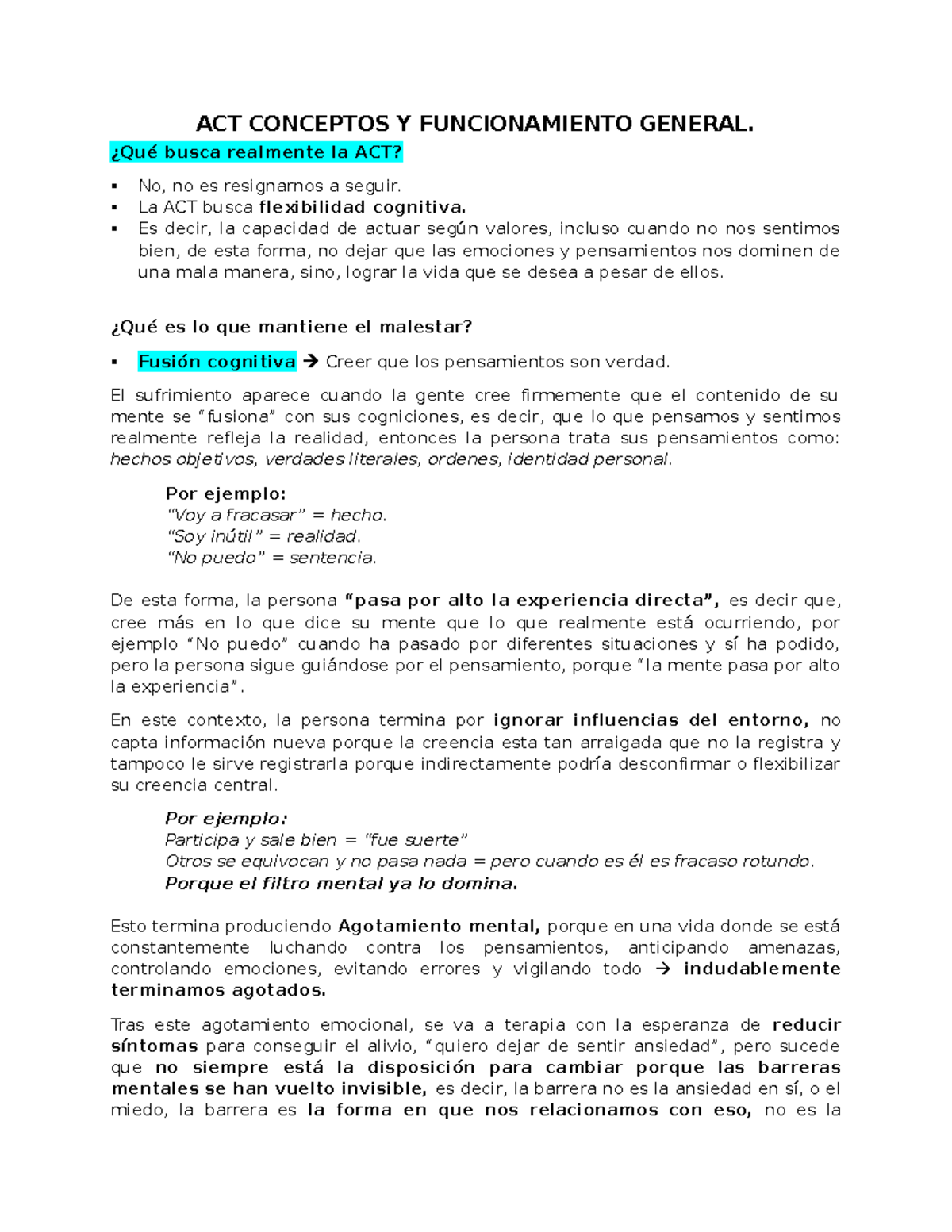 ACT: Conceptos y Funcionamiento General en Psicología - Studocu
