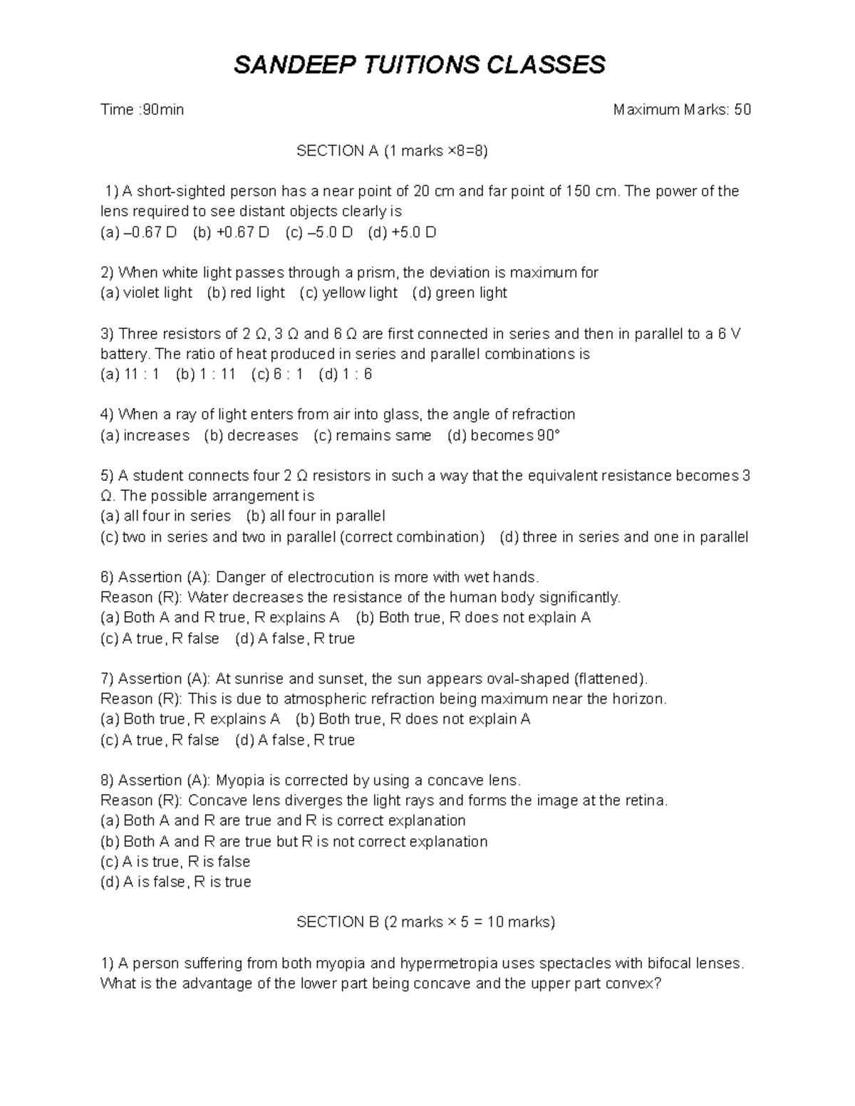 Physics Test: Human Eye & Electricity (SANDEEP TUITIONS) - Studocu