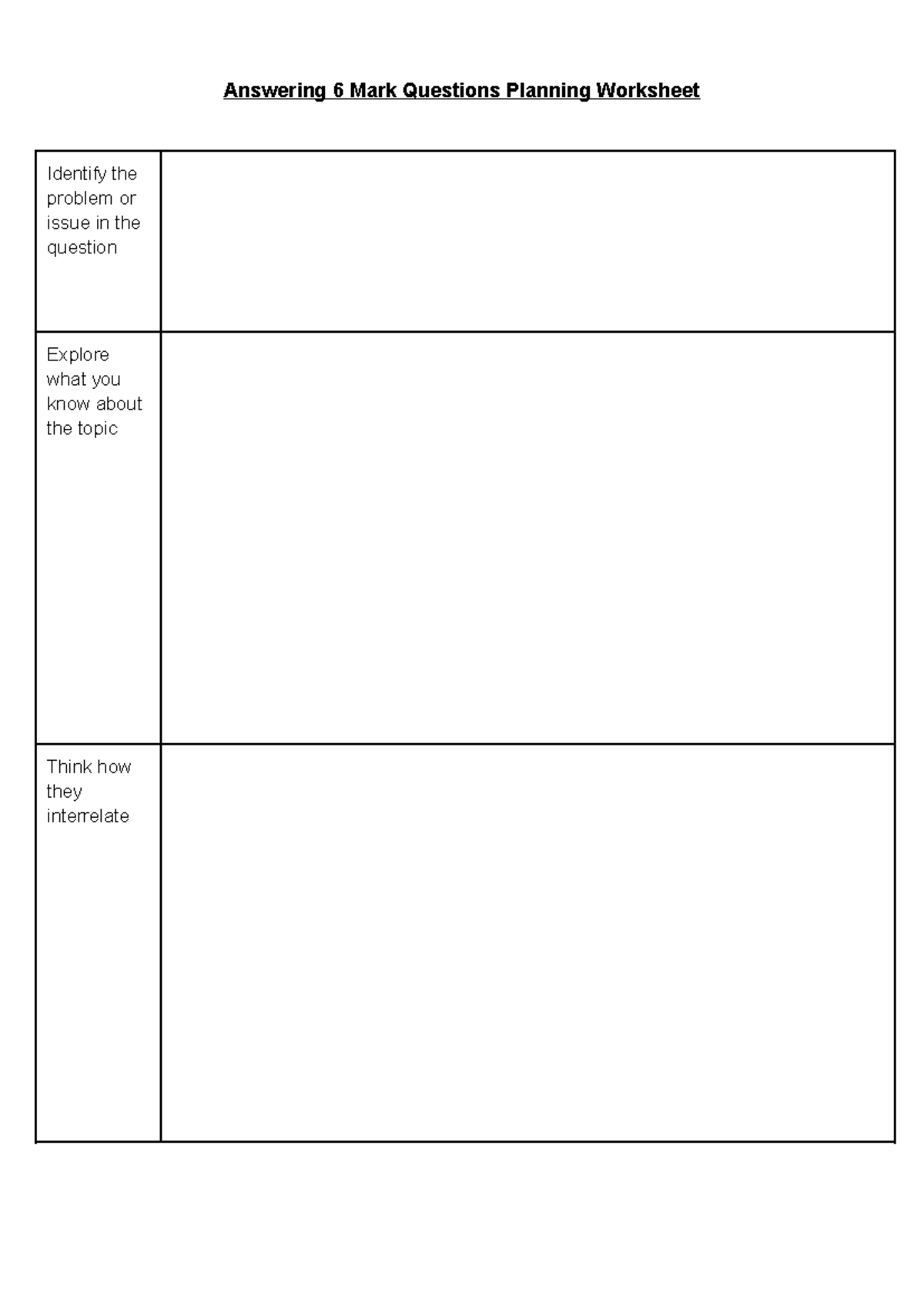 6 Mark Questions Planning Worksheet for Effective Answering - Studocu