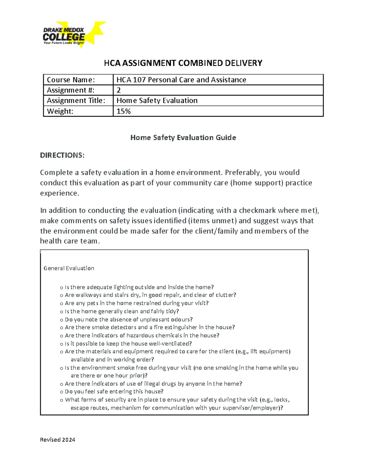 HCA 107 Personal Care & Assistance: Home Safety Evaluation Guide - Studocu