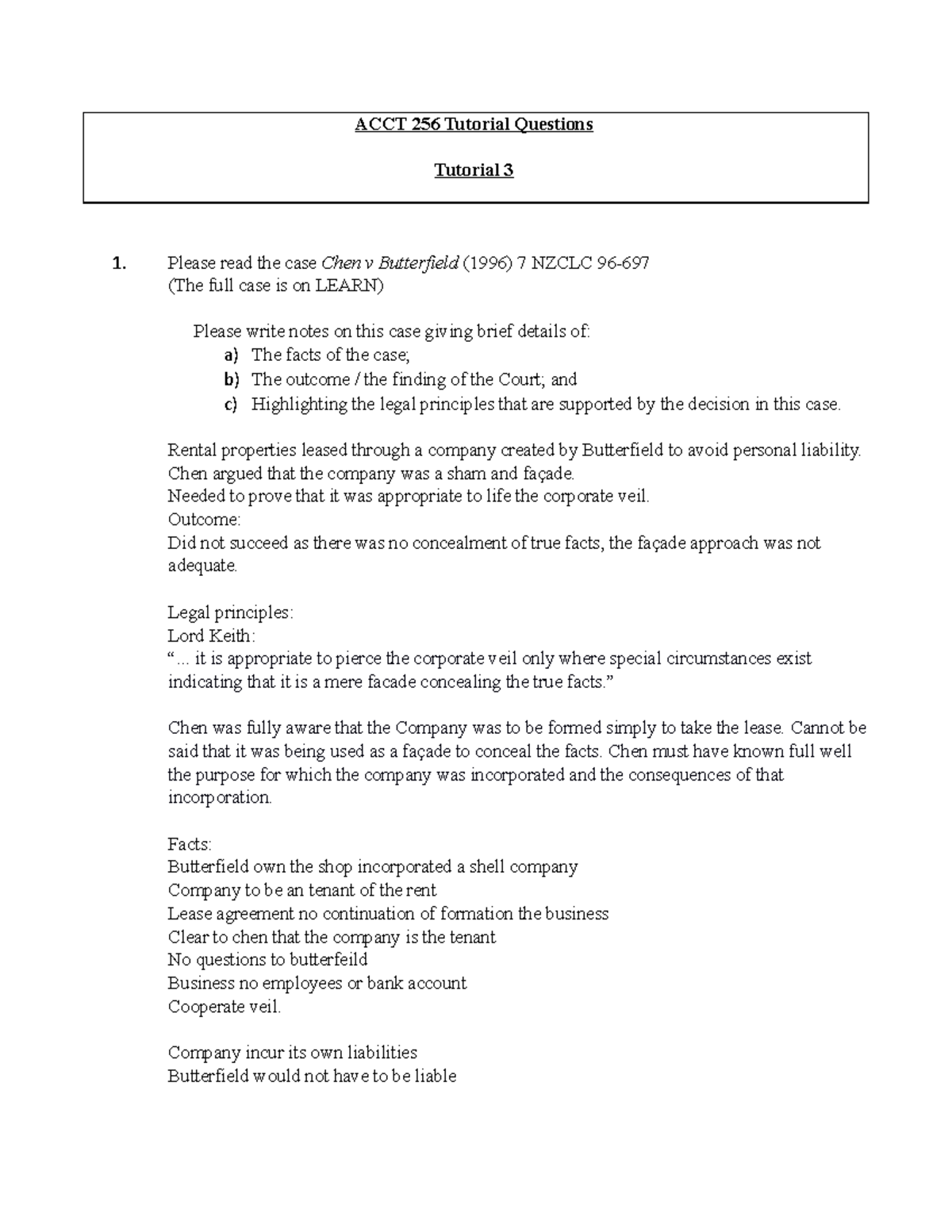 Tutorial 3 (seperate legal entity) - ACCT 256 Tutorial Questions ...