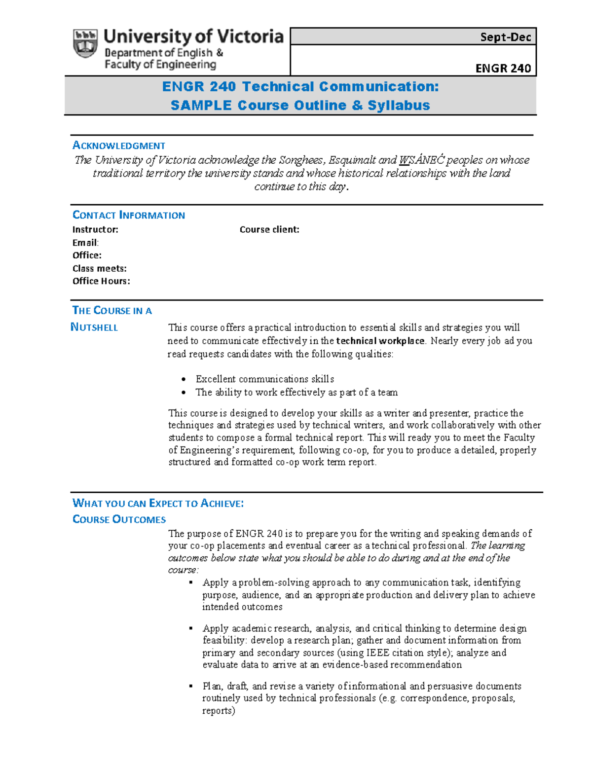 ENGR 240 Course Outline: Technical Communication Syllabus ...