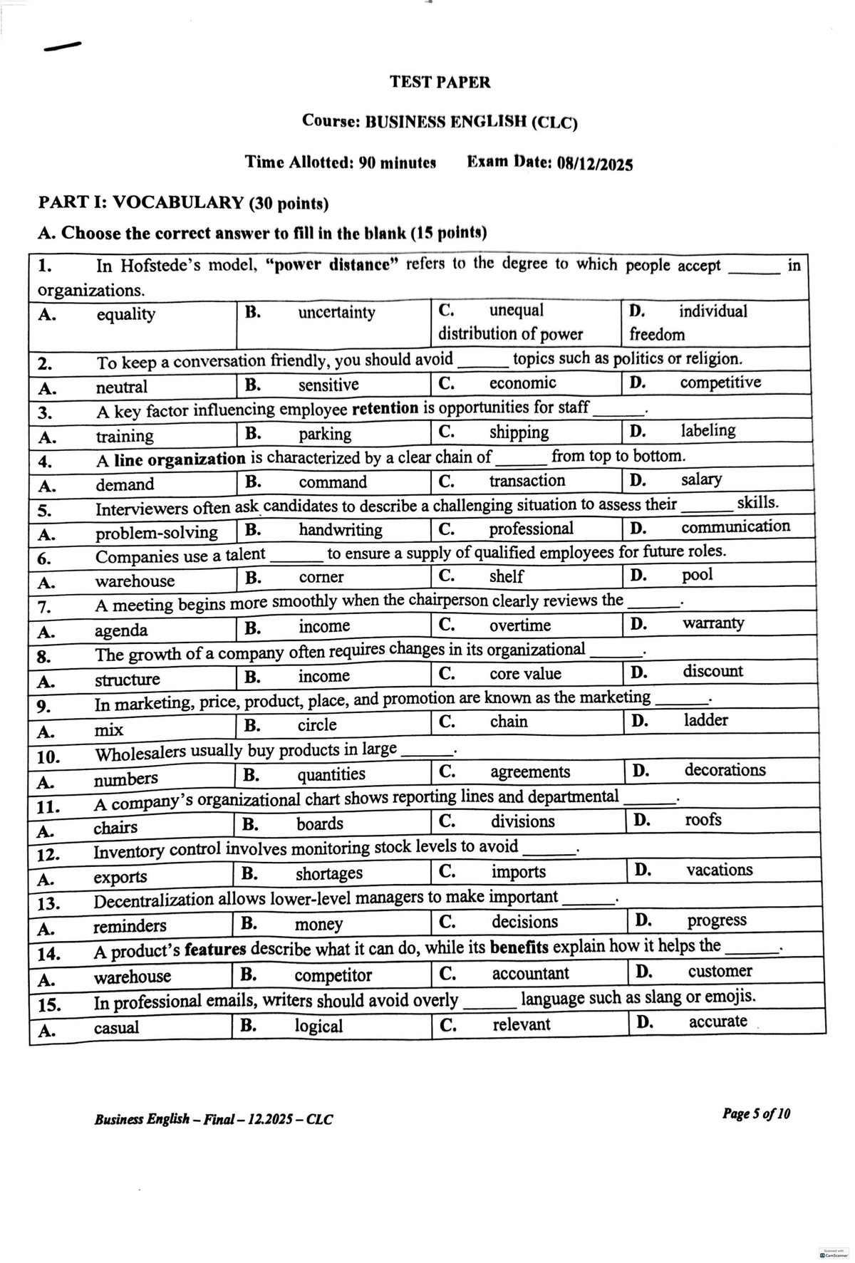Business English (CLC) Final Exam: Vocabulary & Reading 12.2025 - Studocu