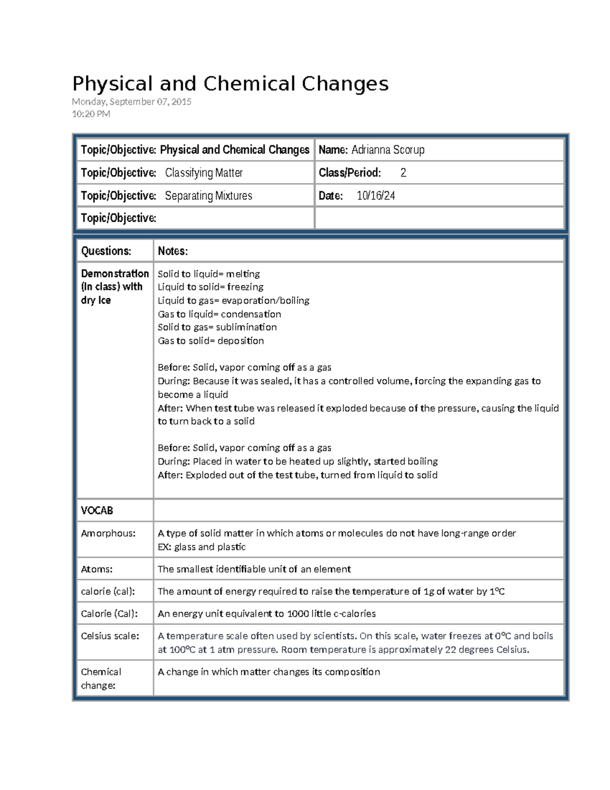 Physical and Chemical Changes: Classifying Matter and Separating ...