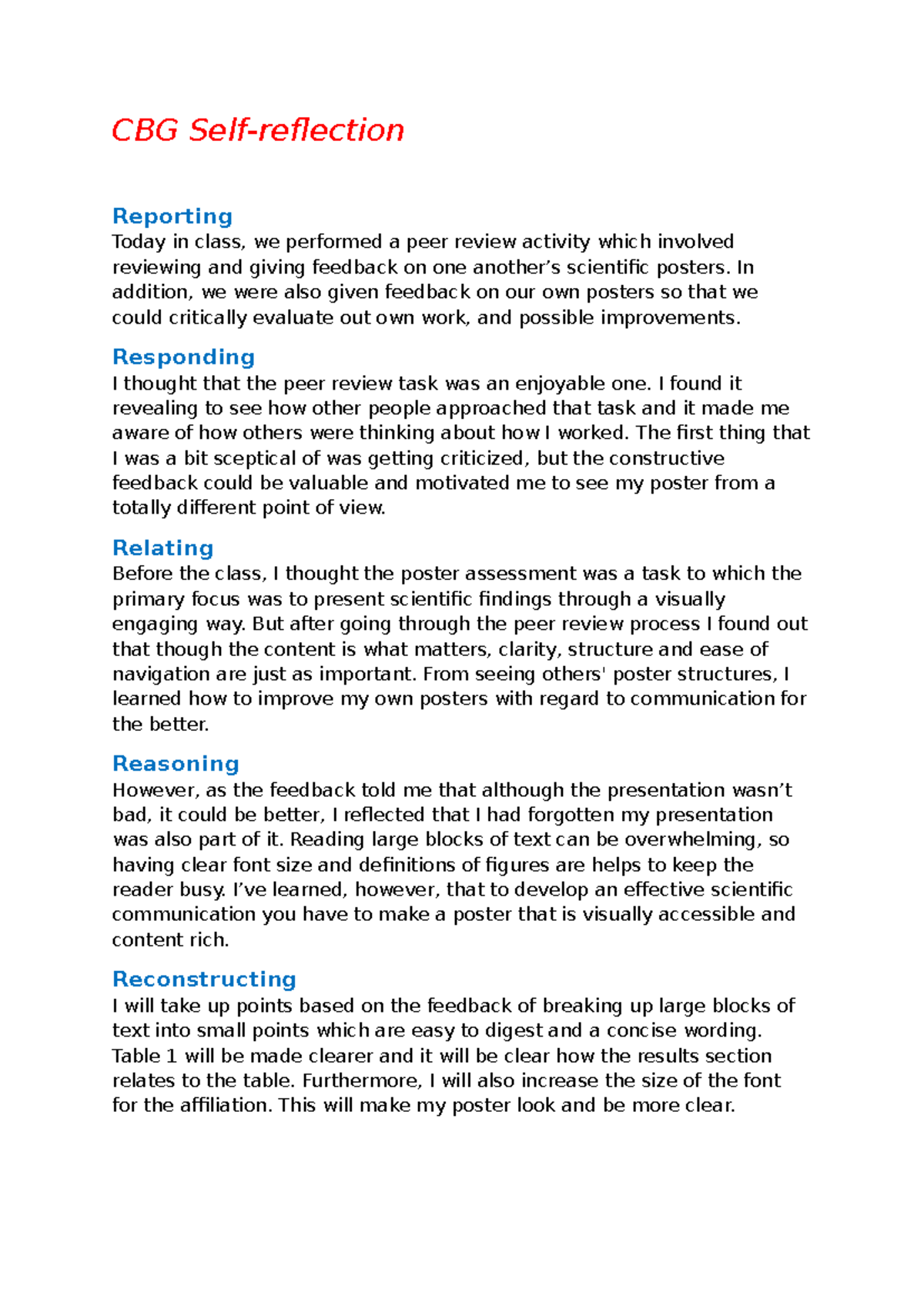 CBG Reflection on Peer Review Activity and Poster Improvement - Studocu