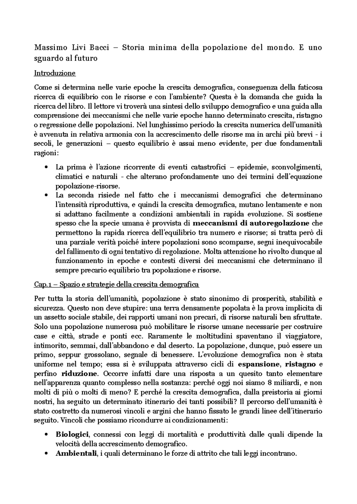 Riassunto del libro "Storia minima della popolazione del mondo" di ...
