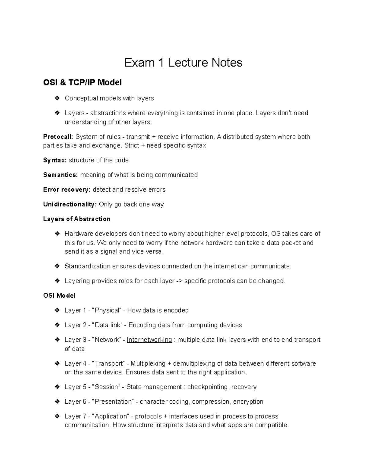 Exam 1 Lecture Notes: Understanding OSI & TCP/IP Models and Protocols ...