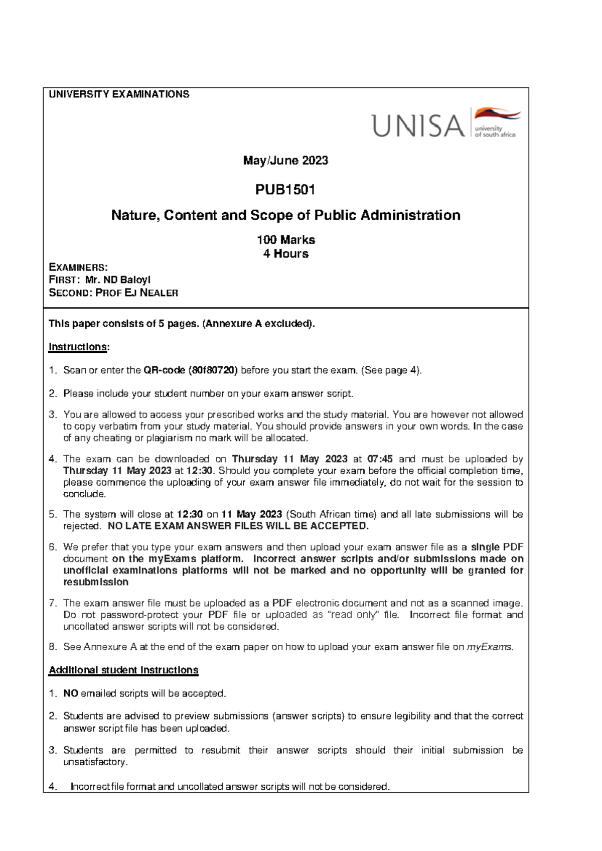 PUB1501 EQP May 2023 F1 - Public Administration Exam Paper 2023/2024 ...