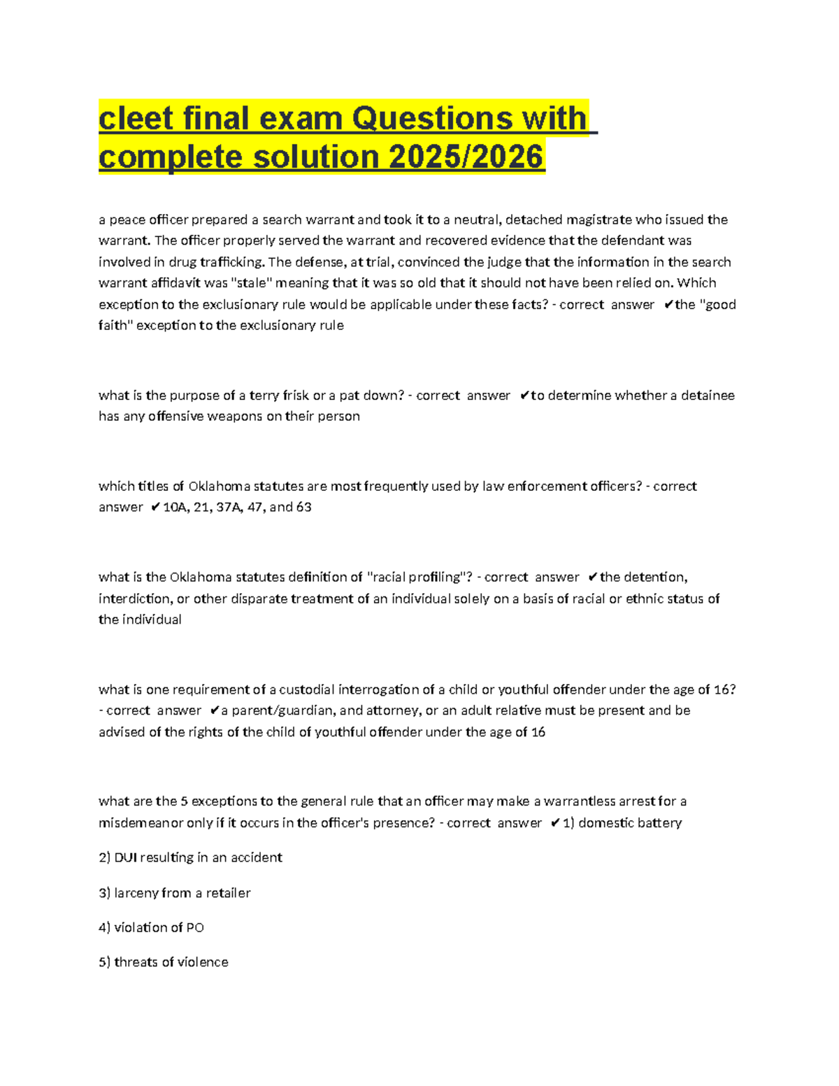 CLEET 2025 Final Exam Questions & Complete Solutions - Studocu