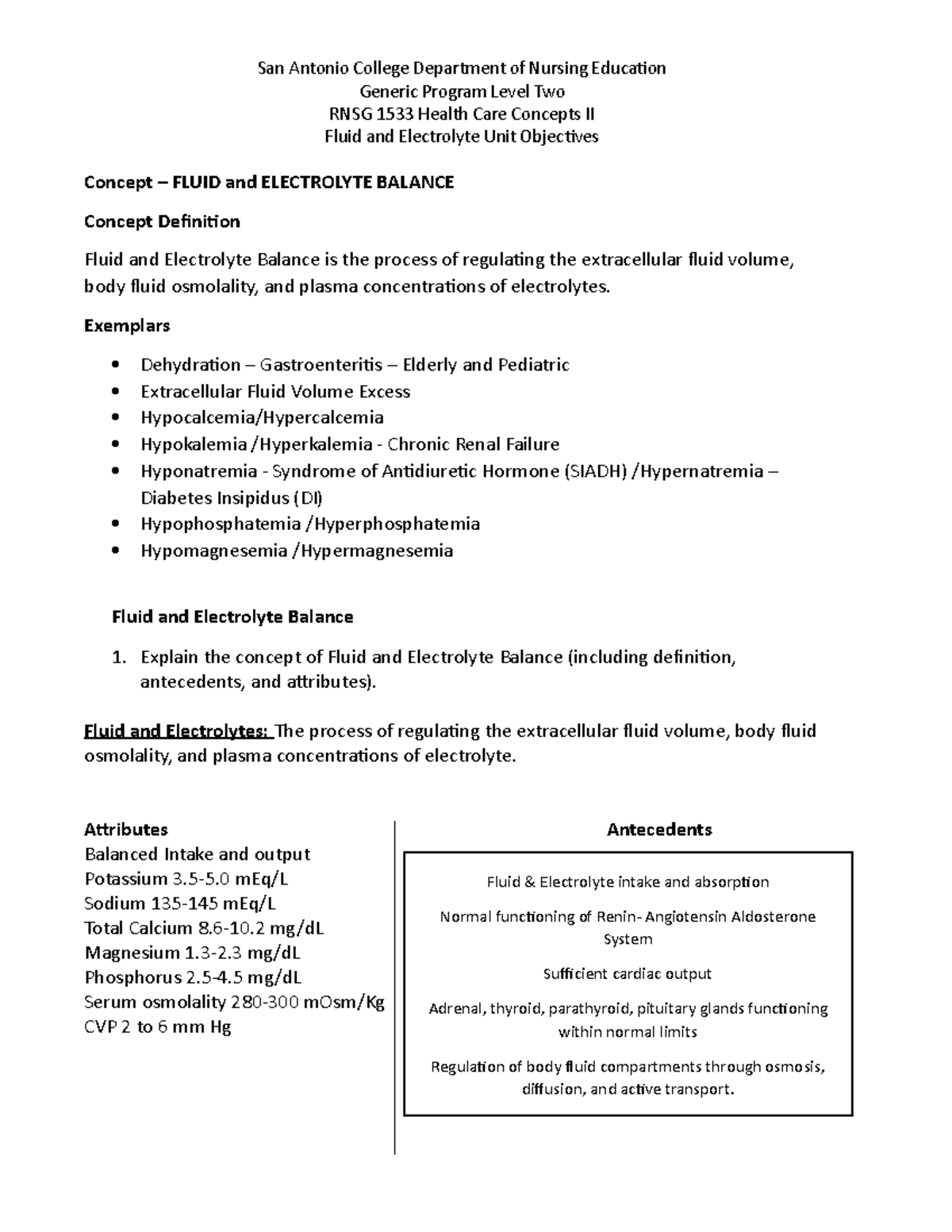 Fluid and Electrolyte Balance in RNSG 1533: Key Concepts and Nursing ...