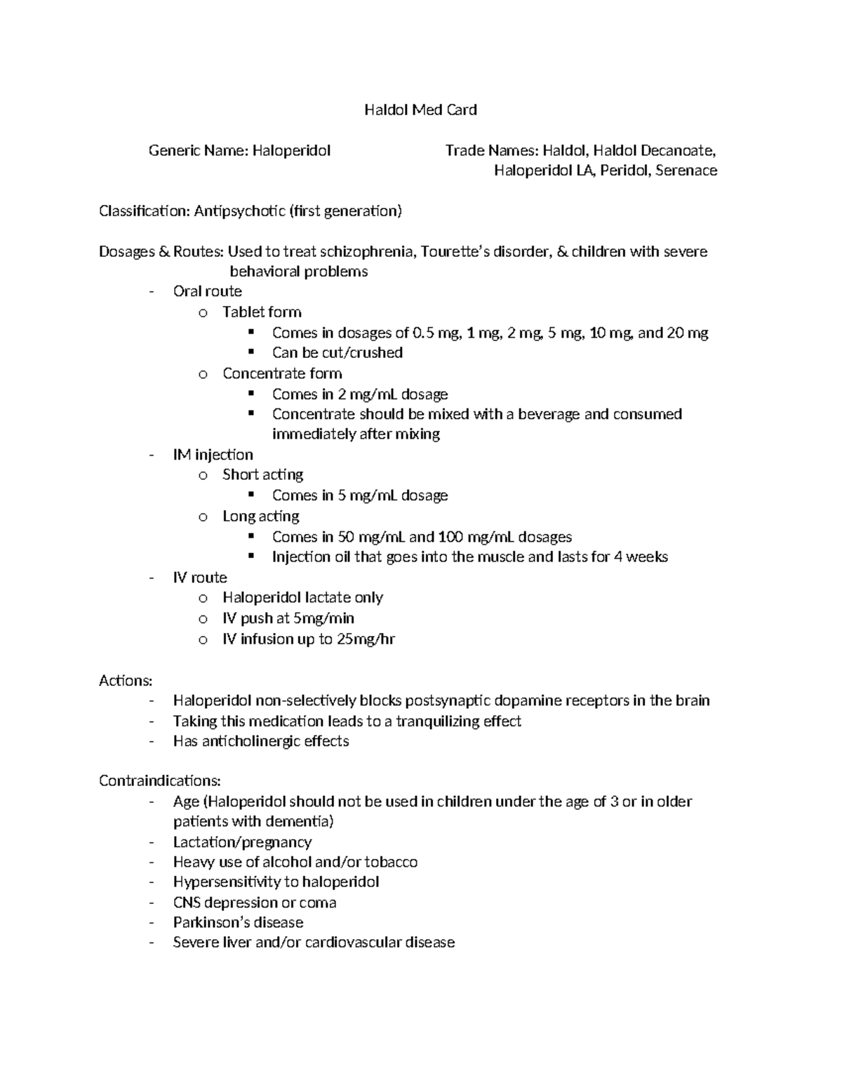 Haldol (Haloperidol) Medication Card for Nursing Students - Studocu