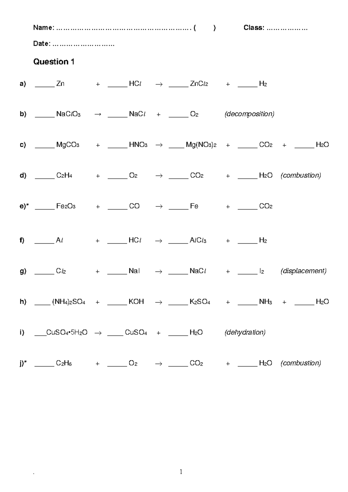 Additional Practice on Balancing Equations for Chemistry 101 - Studocu