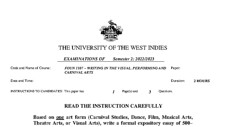 FOUN 1107 Final Exam: Writing in Visual, Performing & Carnival Arts - Studocu