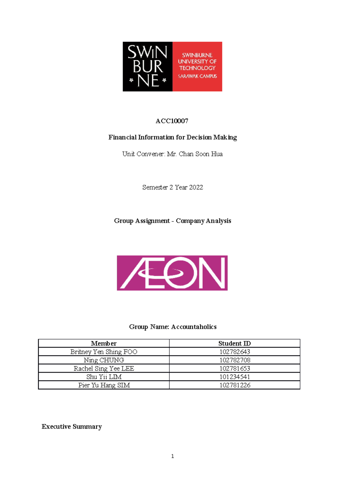 ACC10007 Group Assignment- Company Analysis - ACC Financial Information ...