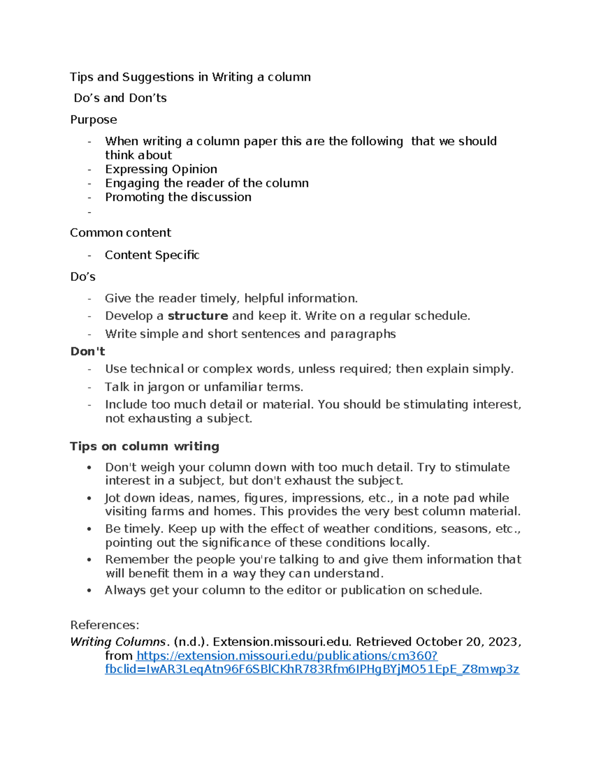 Tips and Suggestions for Writing a Column - Key Do's and Don'ts - Studocu