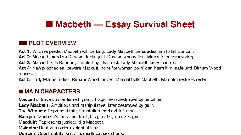 Macbeth Essay Survival Sheet: Key Themes & Character Analysis - Studocu