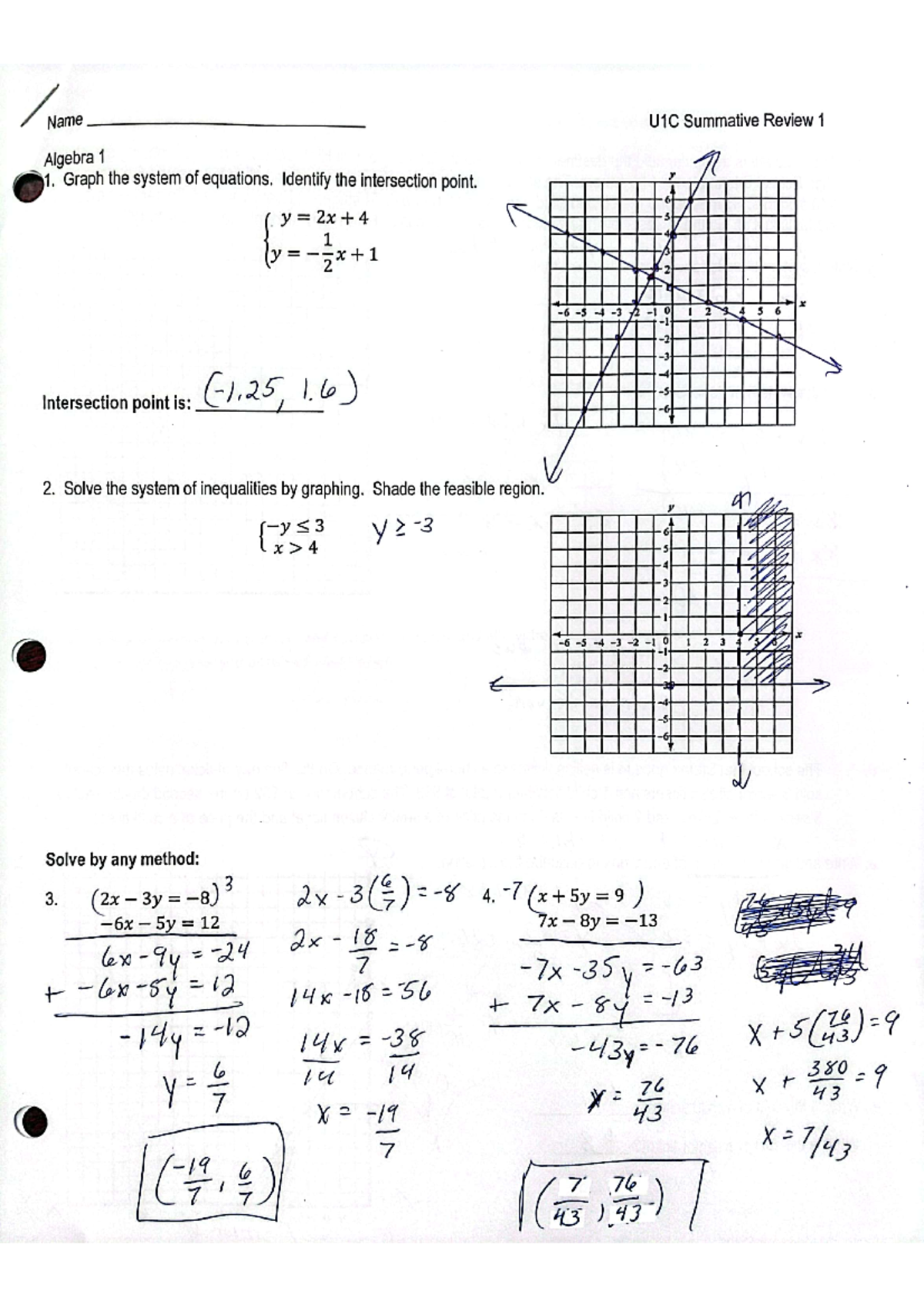 Systems assessment key - Name U1C Summative Review 1 Algebra 1 1. Graph ...