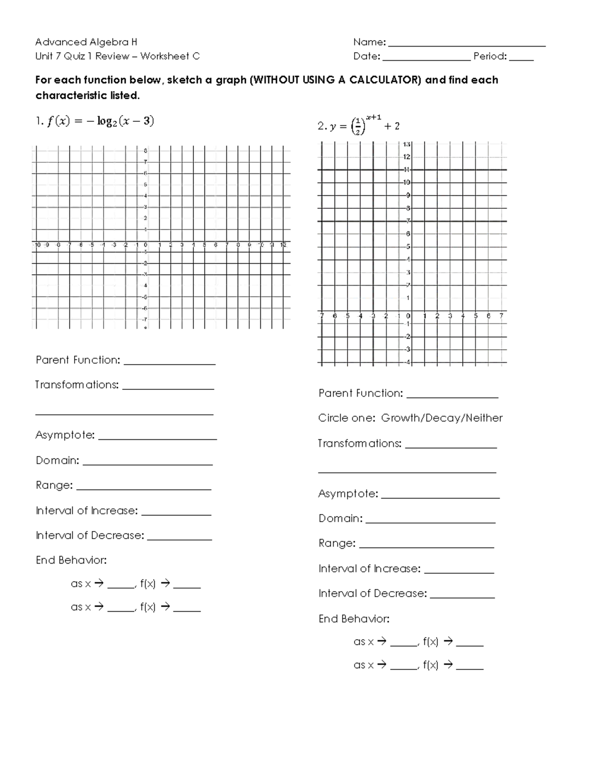 AAH U7 Quiz 1 Review: Advanced Algebra Functions & Graphs - Studocu