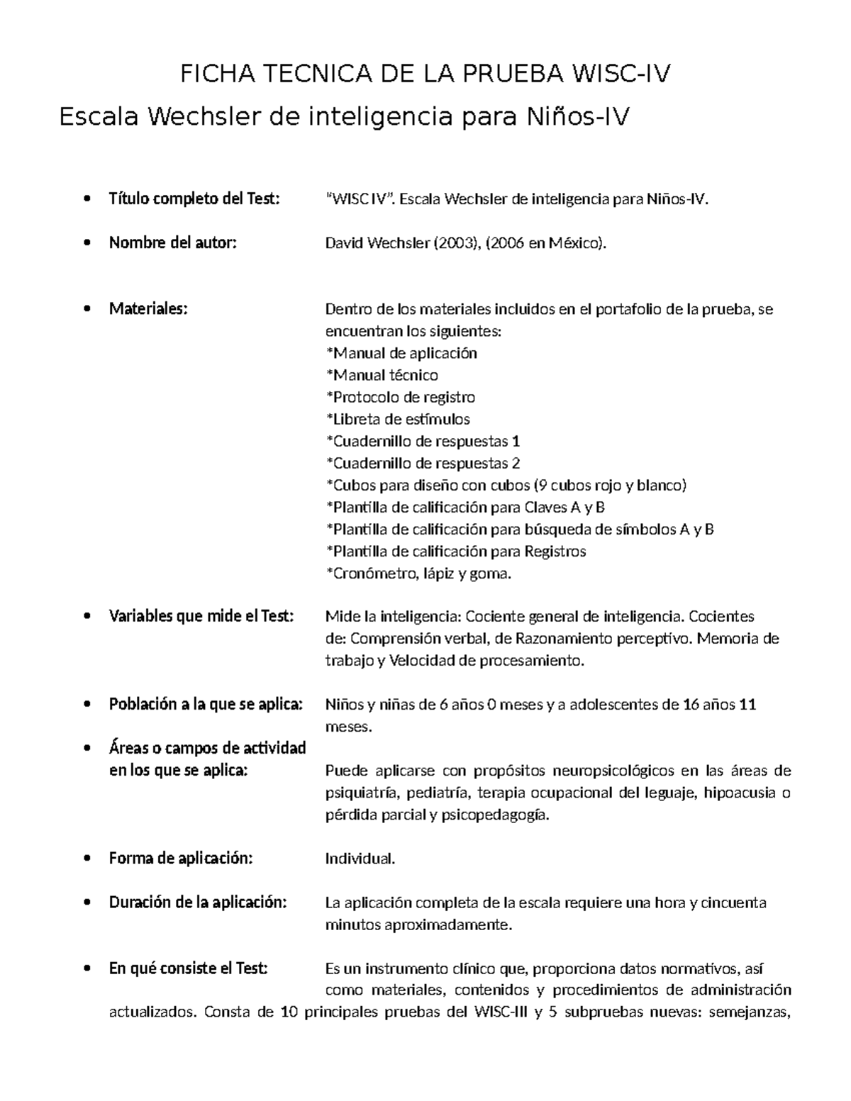 Ficha Técnica WISC-IV: Descripción y Aplicación del Test - Studocu