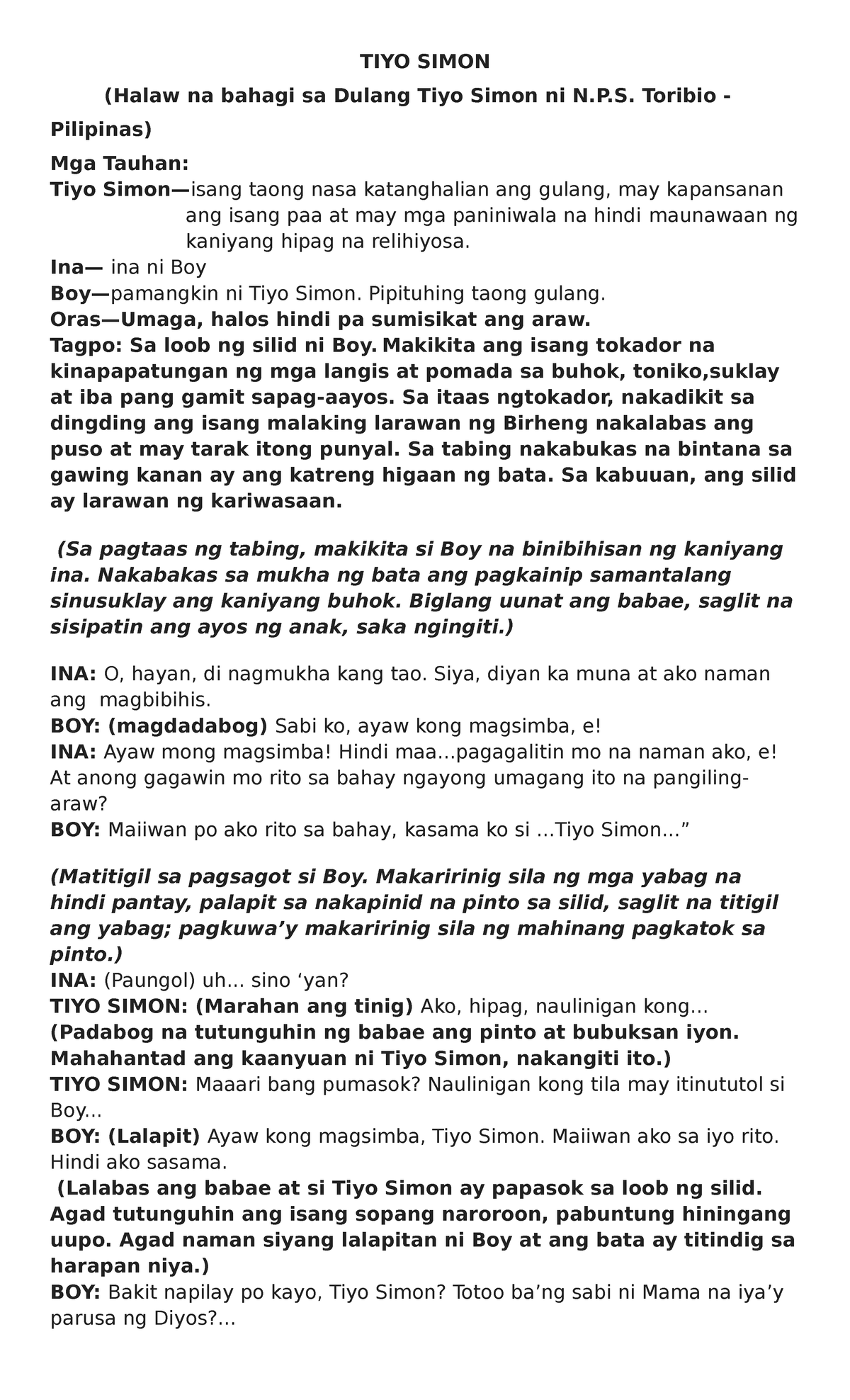 TIYO- Simon DULA-SA: Isang Pagtalakay sa Dulang Tiyo Simon - Studocu