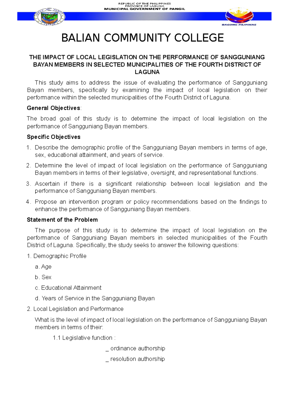 Balian Community College: Impact of Local Legislation on Sangguniang ...
