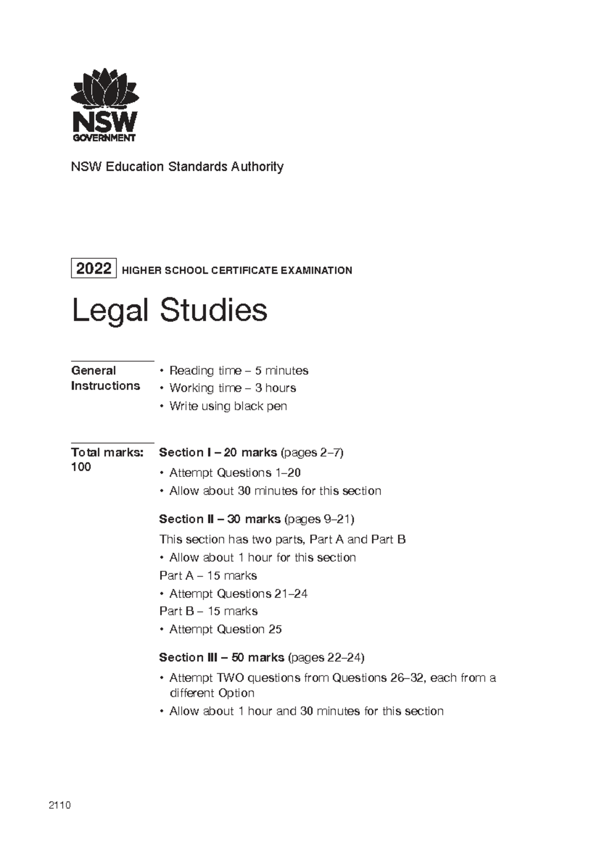 2022 HSC Legal Studies - Practice Exam Questions and Instructions - Studocu