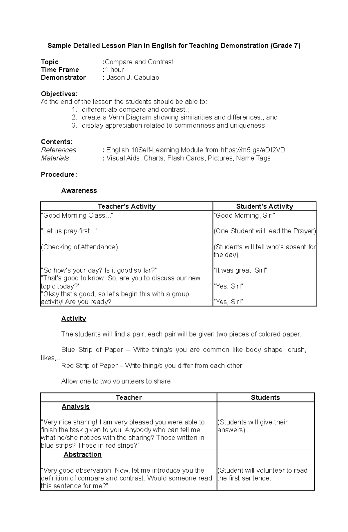 Detailed Lesson Plan: Compare & Contrast in English (Grade 7) - Studocu