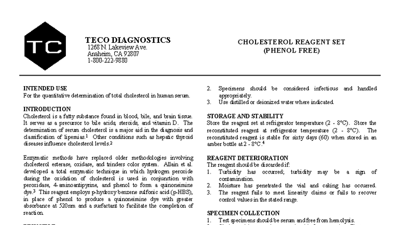 CC1 LAB Reagent Sheets Compilation for Cholesterol & Creatinine Assays ...