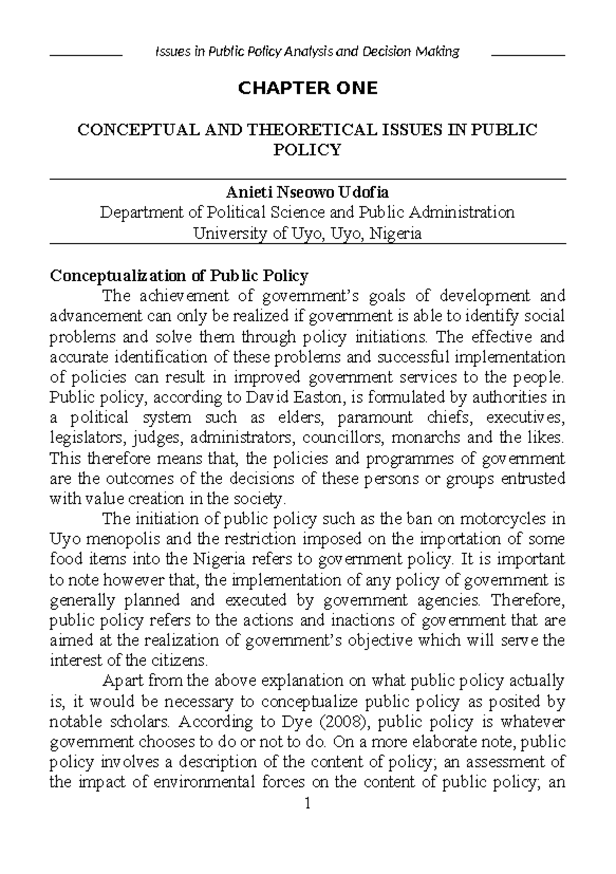 Issues in public policy analysis and decision making: Chapter 1 ...
