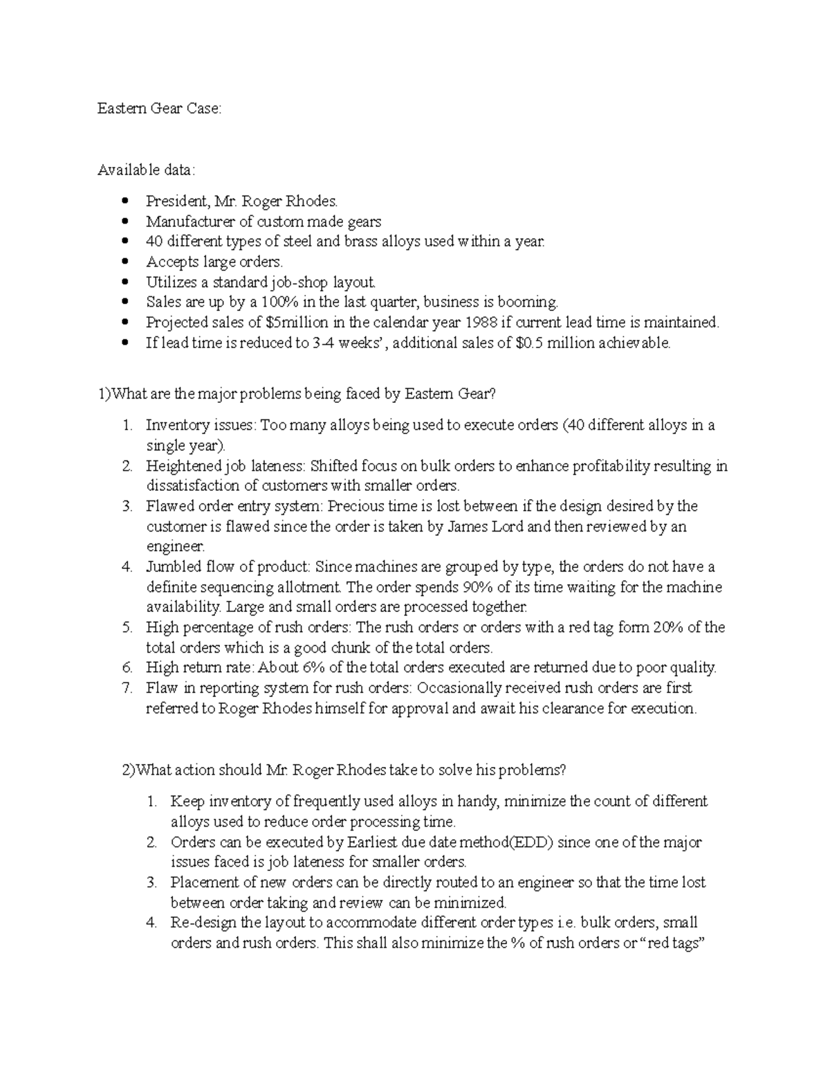 Eastern Gear Case Analysis & Recommendations (Case Study) - Studocu