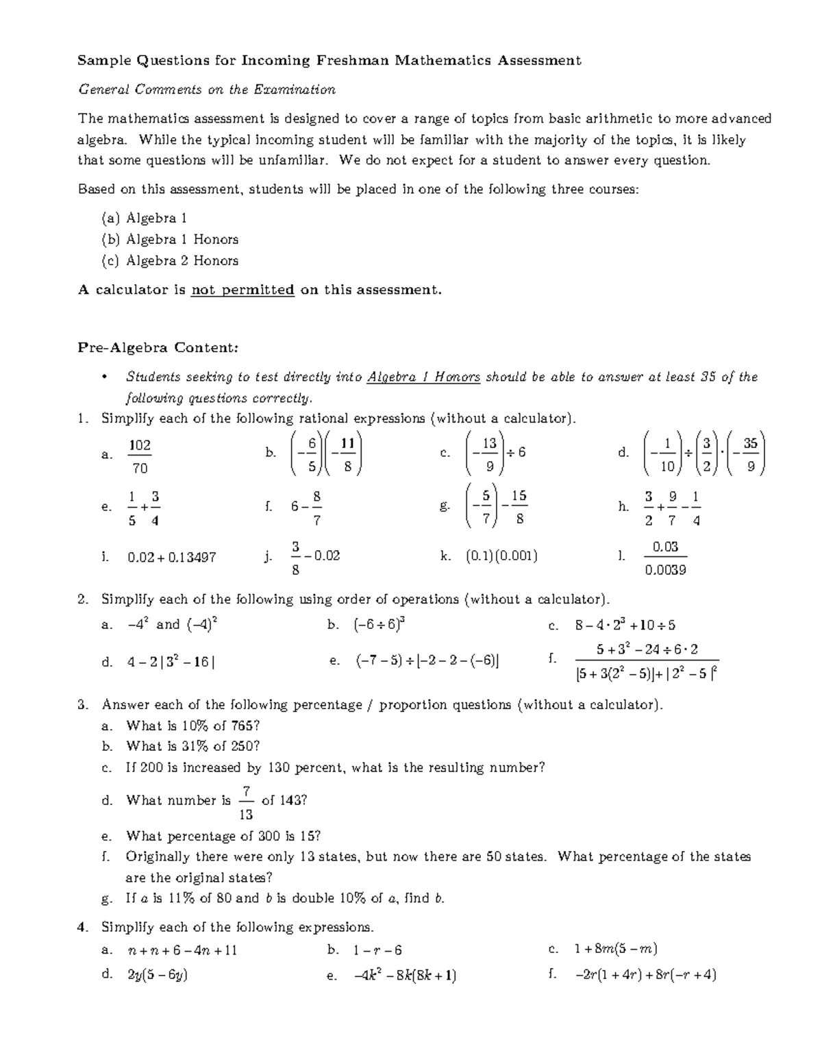 Sample Questions for Incoming Freshman Mathematics Assessment - While ...