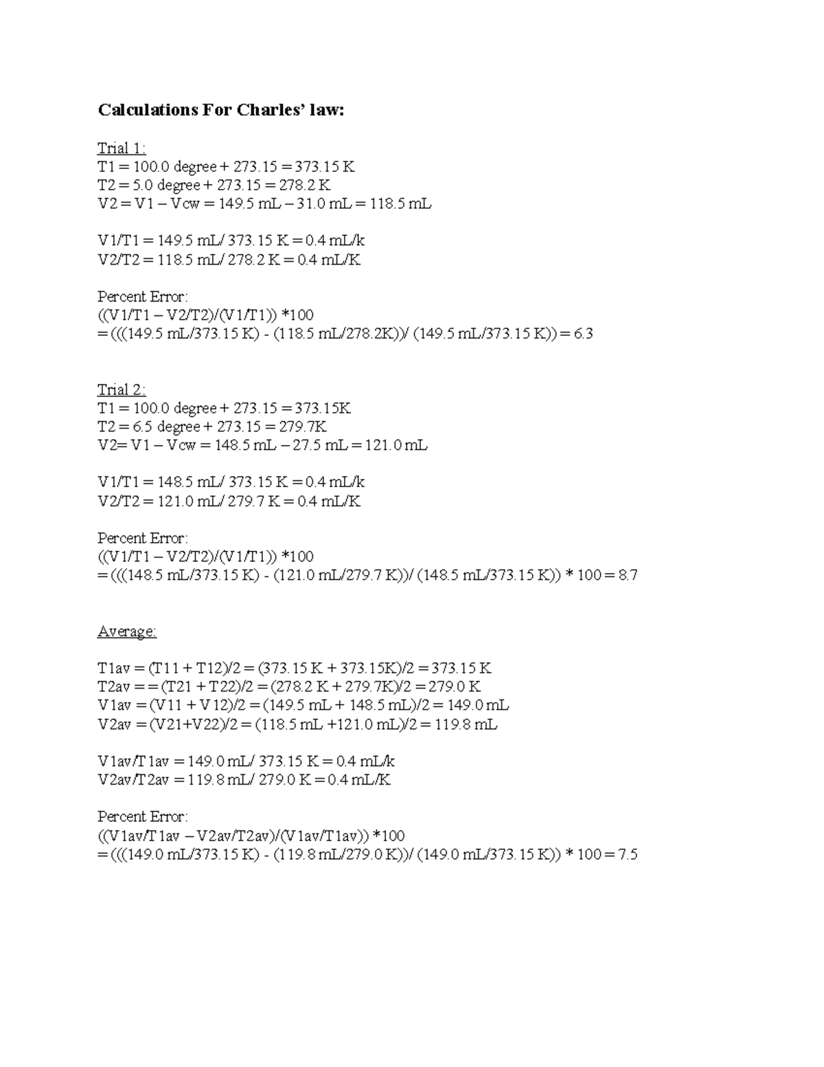 Calculation for Boyles and Charles Law - Calculations For Charles’ law ...