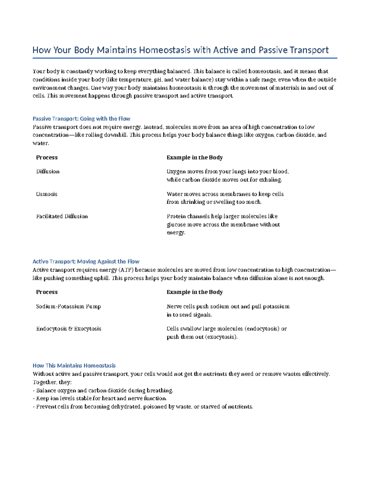 Homeostasis: Active & Passive Transport Mechanisms Explained - Studocu
