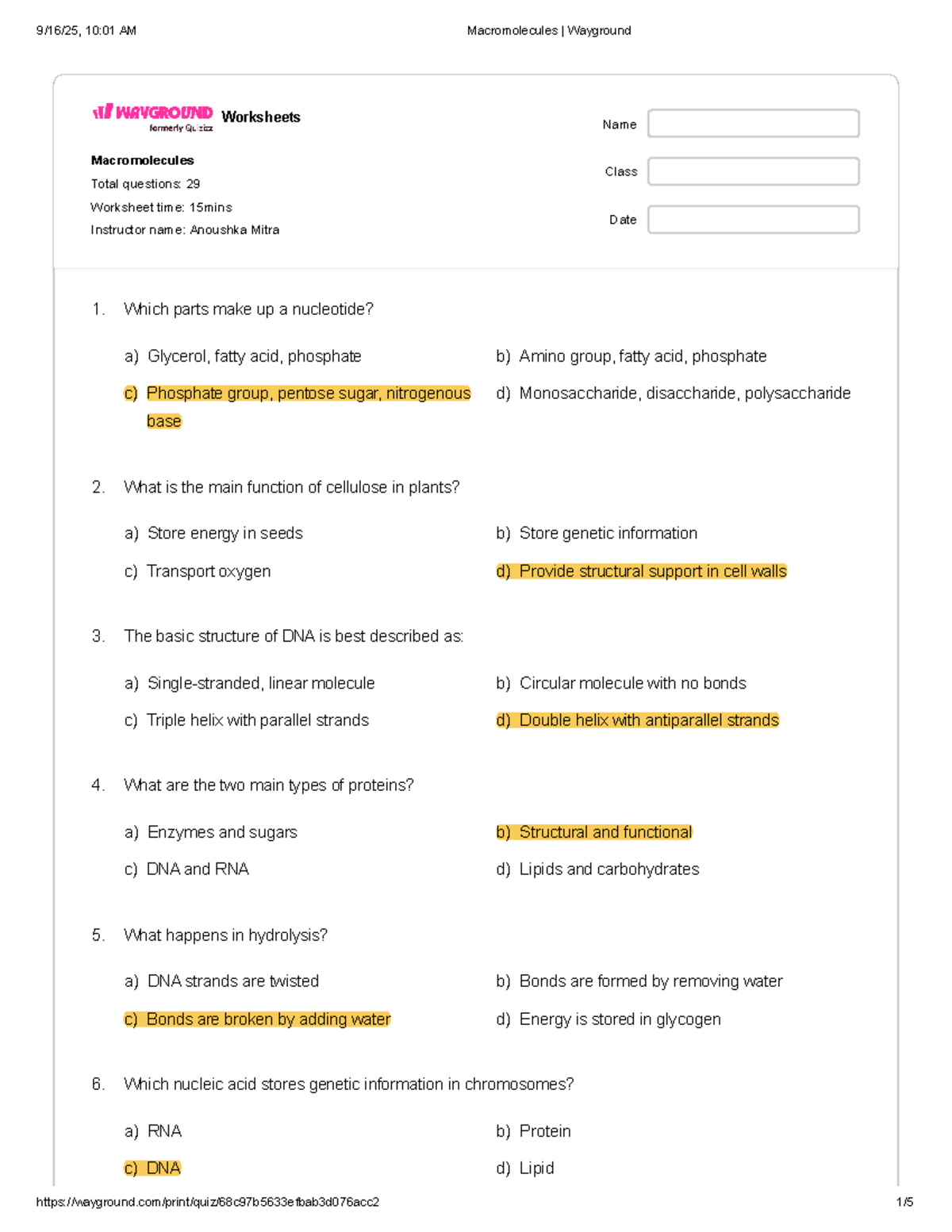 Macromolecules Worksheet (Course Code: 10:01 AM) - Studocu