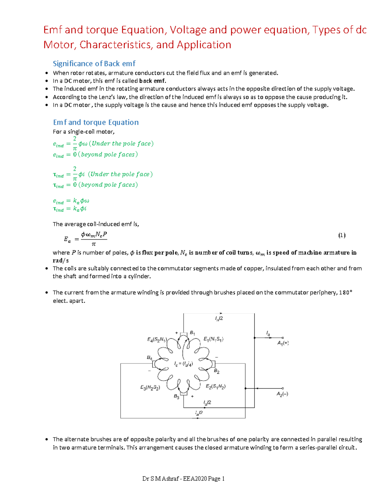 EEA2020: EMF, Torque, Voltage & Power Equations in DC Motors - Studocu
