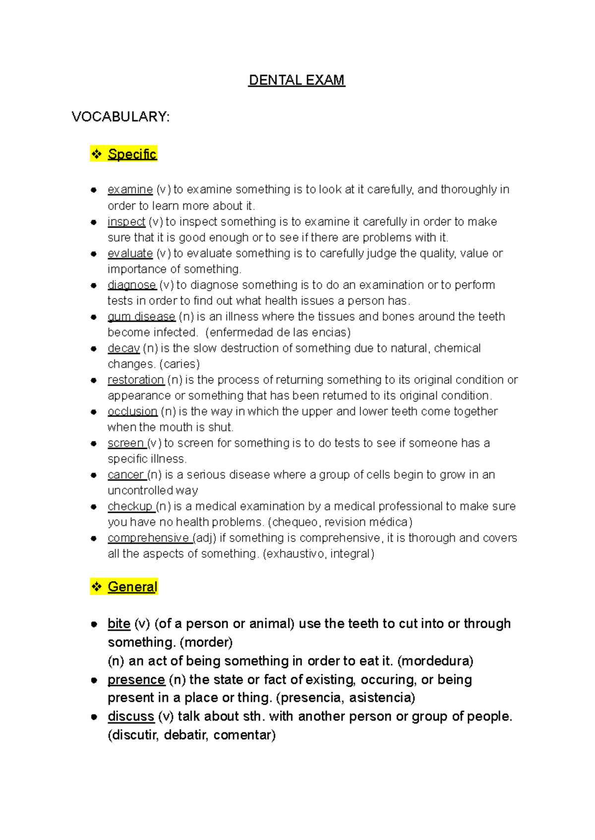 Class I Dental EXAM-Vocabulary - DENTAL EXAM VOCABULARY: Specific ...