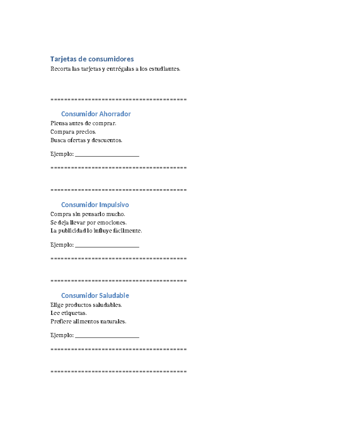 Tarjetas consumidores - Tarjetas de consumidores Recorta las tarjetas y ...
