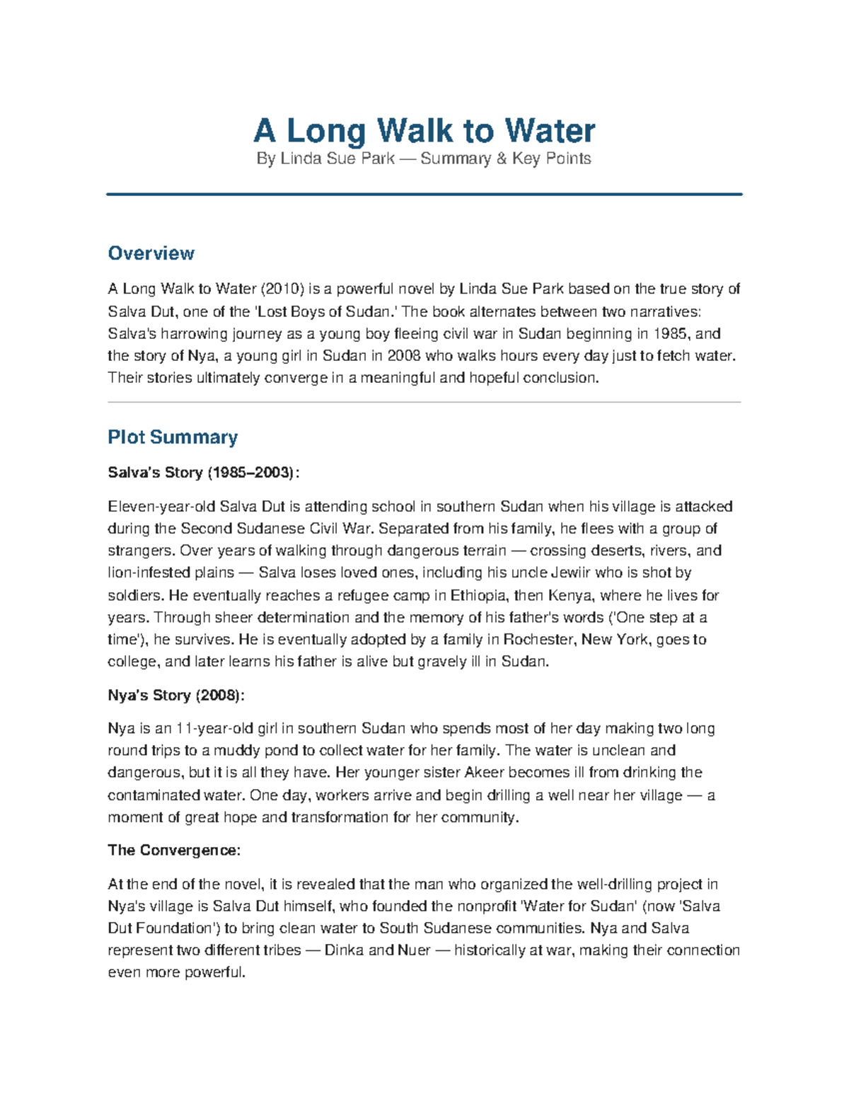 A Long Walk to Water (2010) Summary & Key Themes Analysis - Studocu