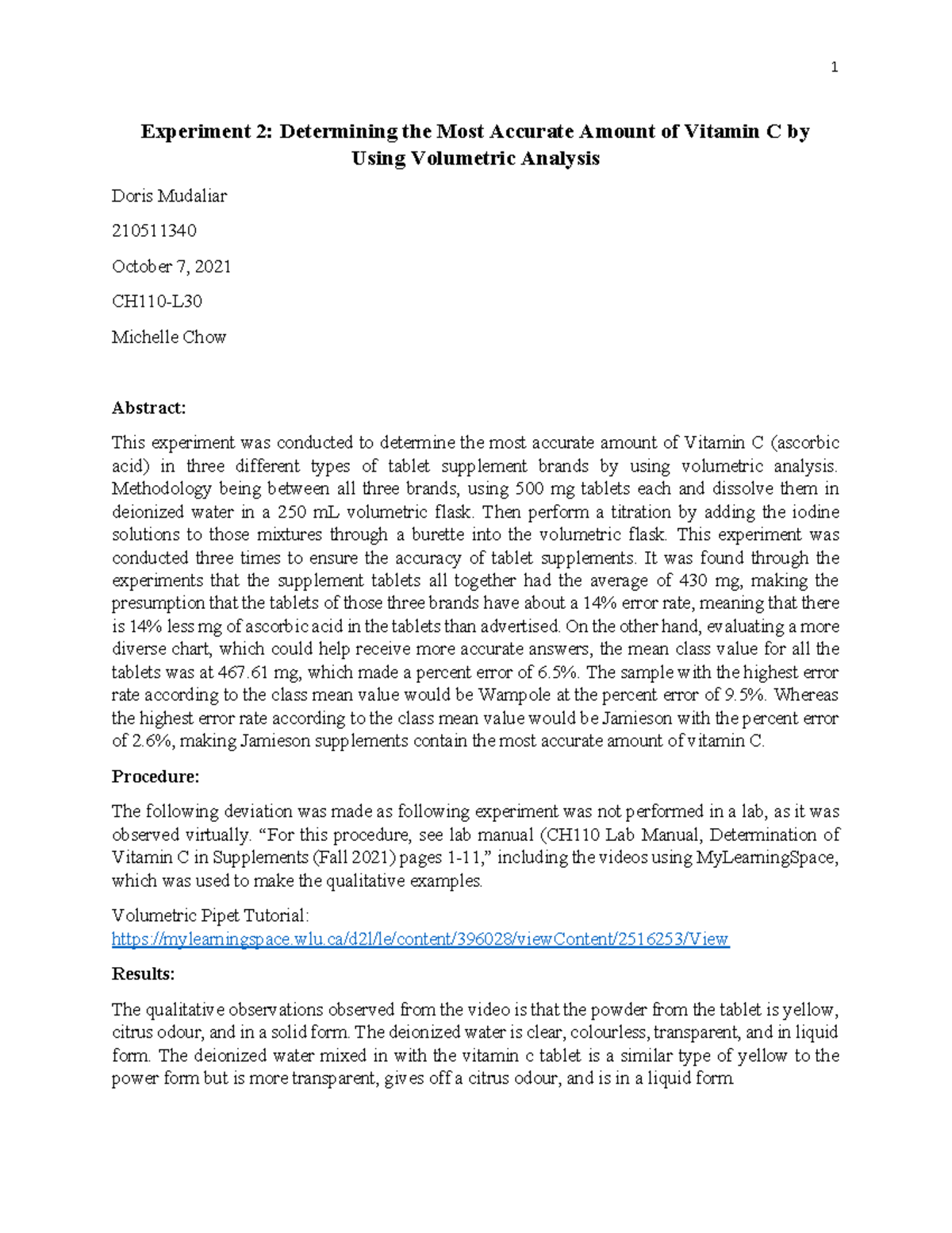 Experiment 2 Vitamin C - sdfsf - CH203 - WLU - Studocu
