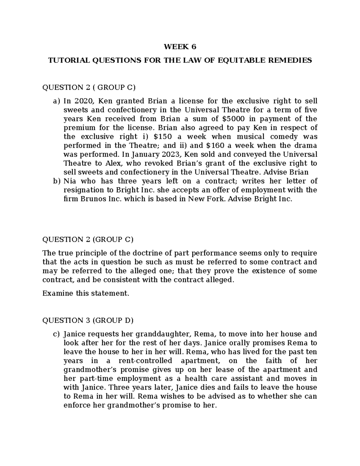 ER Tutorial 2 - Question - WEEK 6 TUTORIAL QUESTIONS FOR THE LAW OF ...