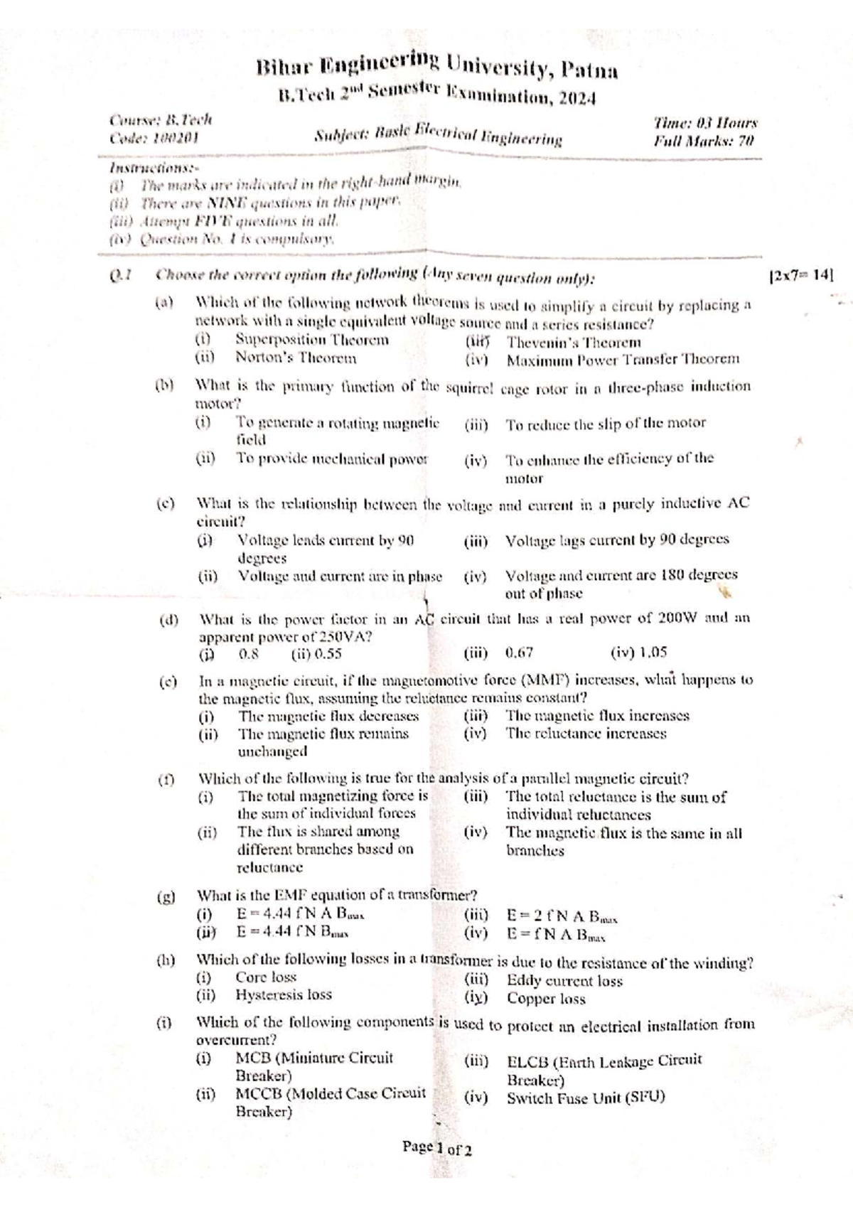 BEU B.Tech 2nd Sem Basic Electrical Engineering 100201 PYQ 2024 - Studocu